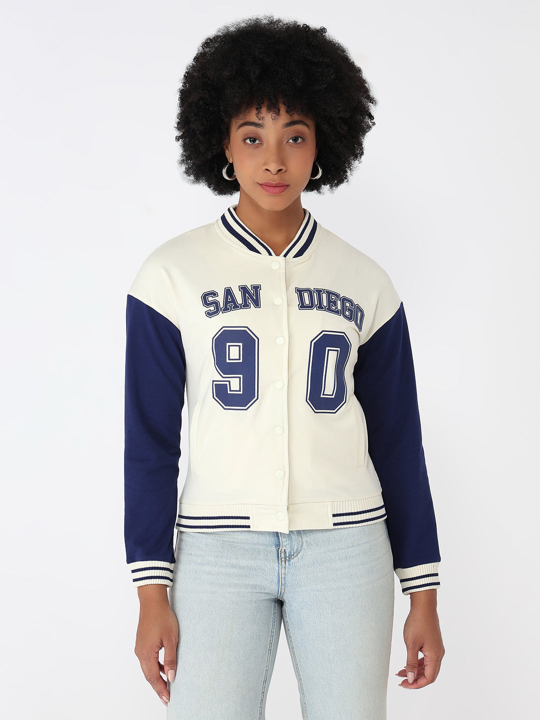 Buy Women Ivory/Blue Slim Fit Varsity Jacket | Kraus Jeans