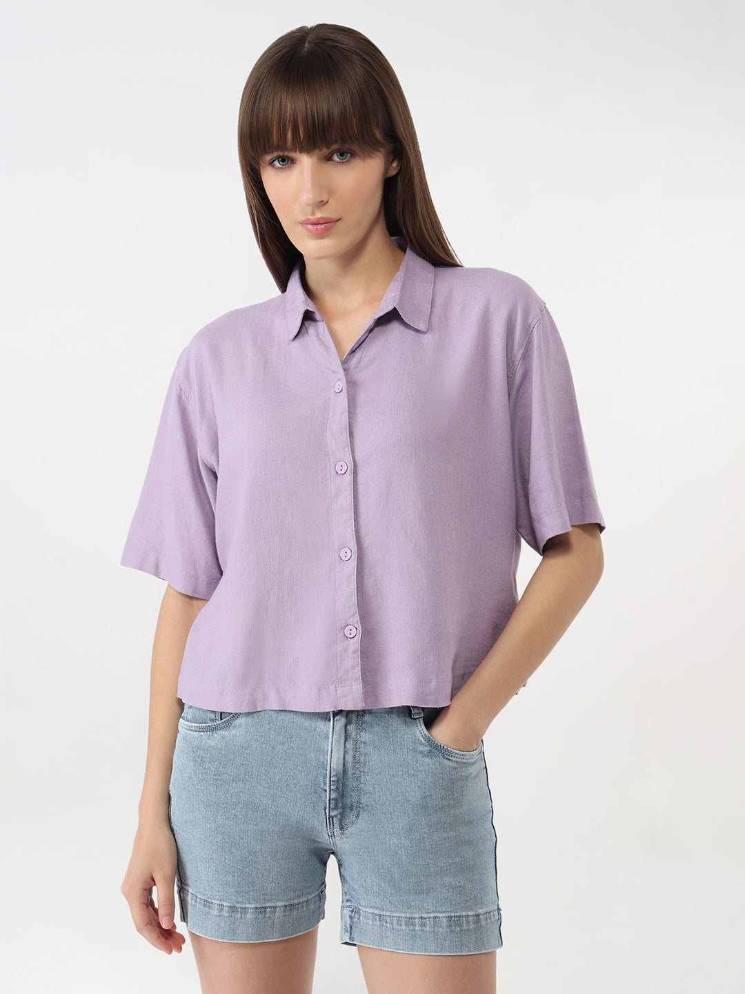 Buy Women Lilac Slim Crop Shirt | Kraus Jeans