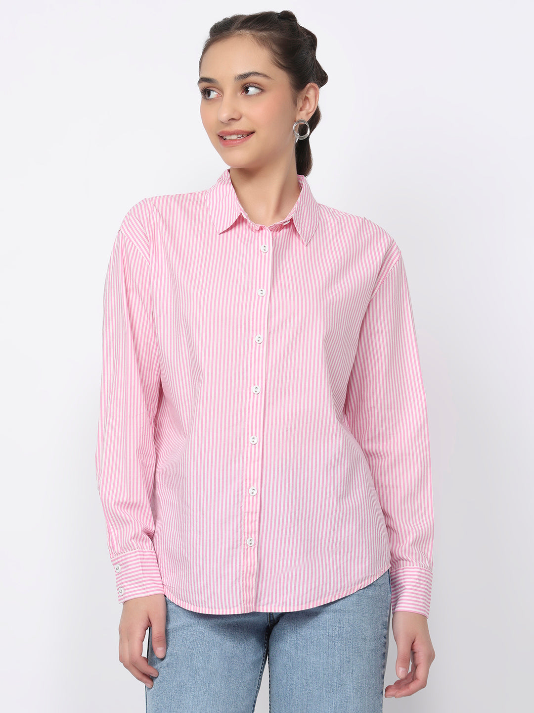 Buy Women Pink/White Oversized Shirt | Kraus Jeans