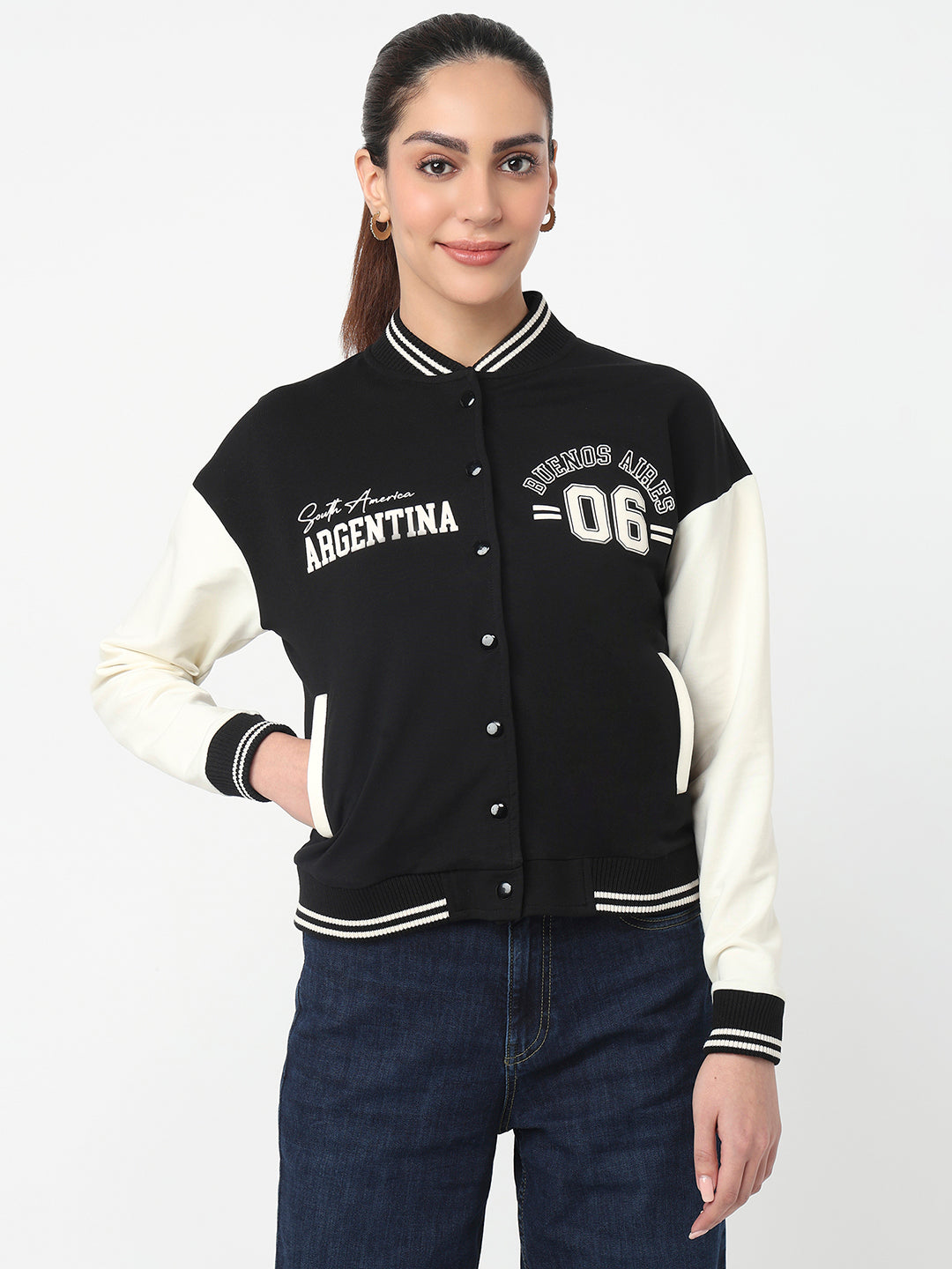 Buy Women Black/Ivory Varsity Jacket | Kraus Jeans