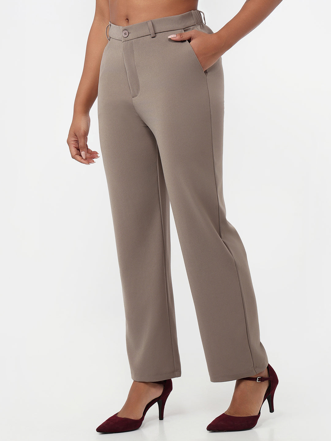 Buy Women Stone High-Rise Straight Fit Pants | Kraus Jeans