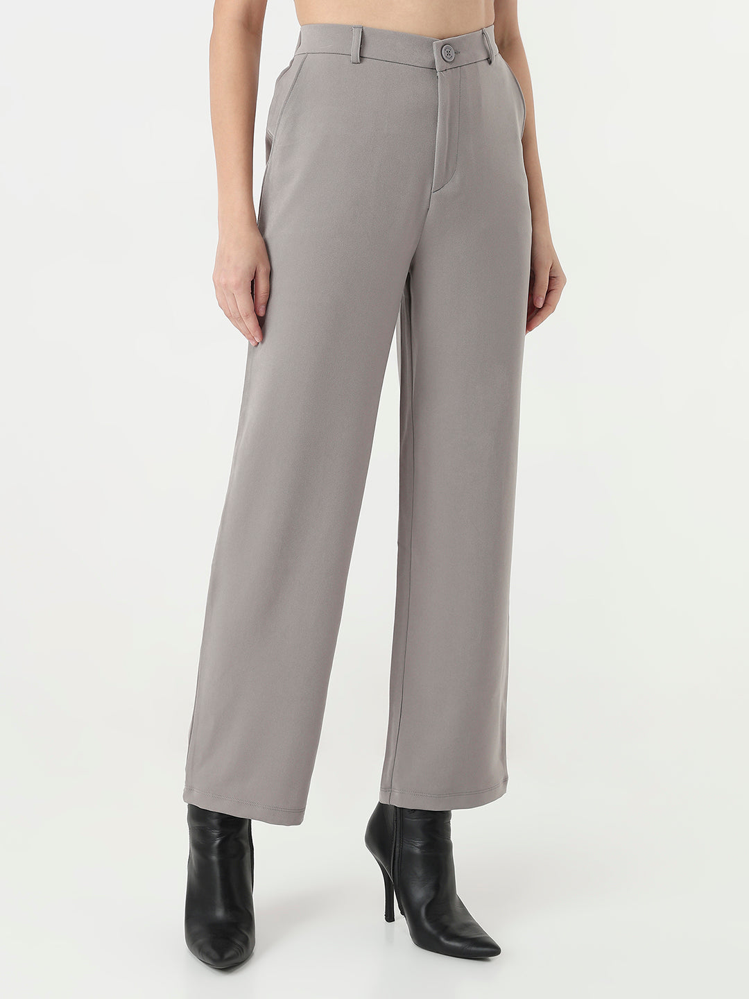 Buy Women Ash High-Rise Straight Fit Korean Pants | Kraus Jeans