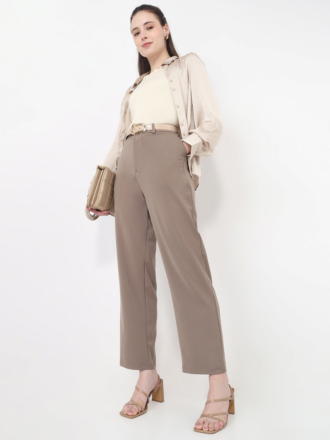 Buy Women Stone High-Rise Straight Fit Pants | Kraus Jeans