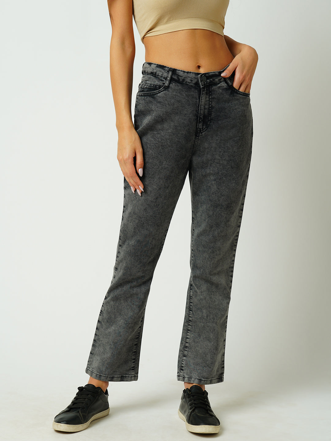 Buy Women Grey High-Rise Relaxed Straight Fit | Kraus Jeans